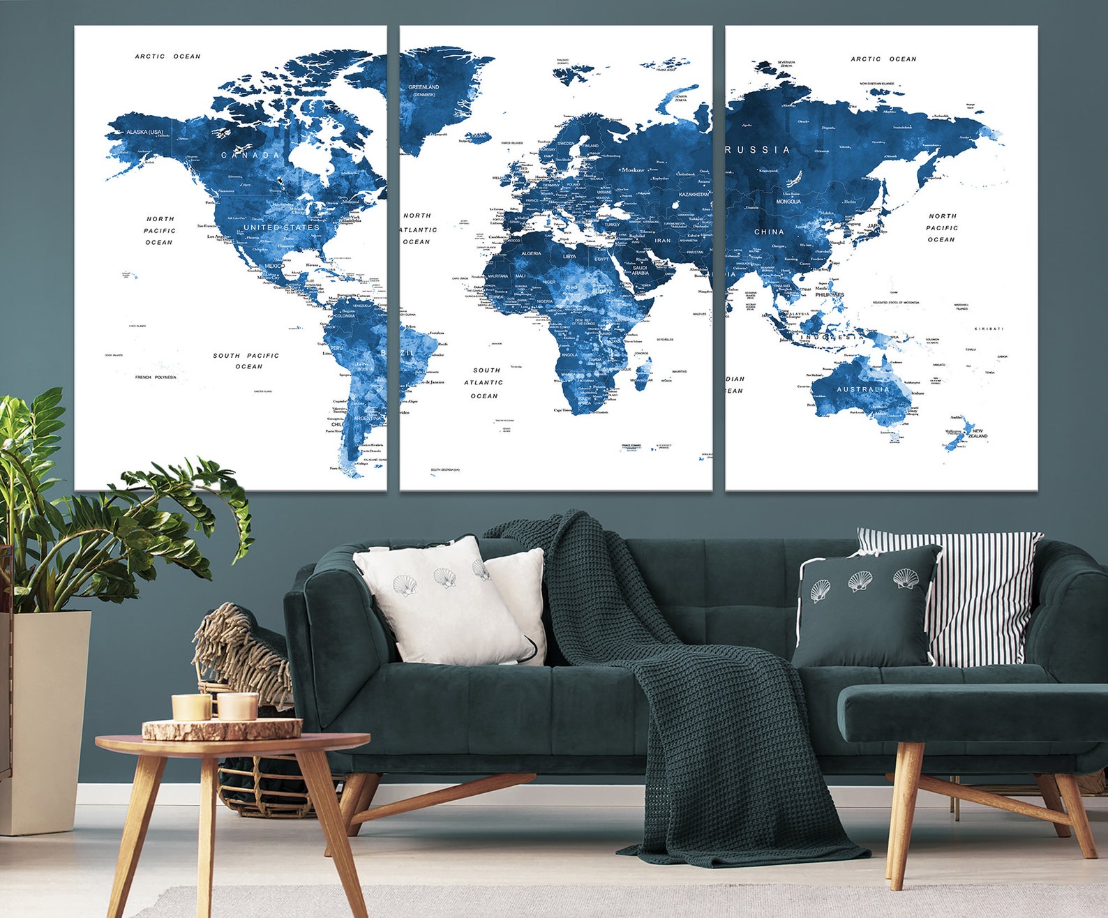 Navy Blue Watercolor World Map Extra Large Push Pin World | Etsy