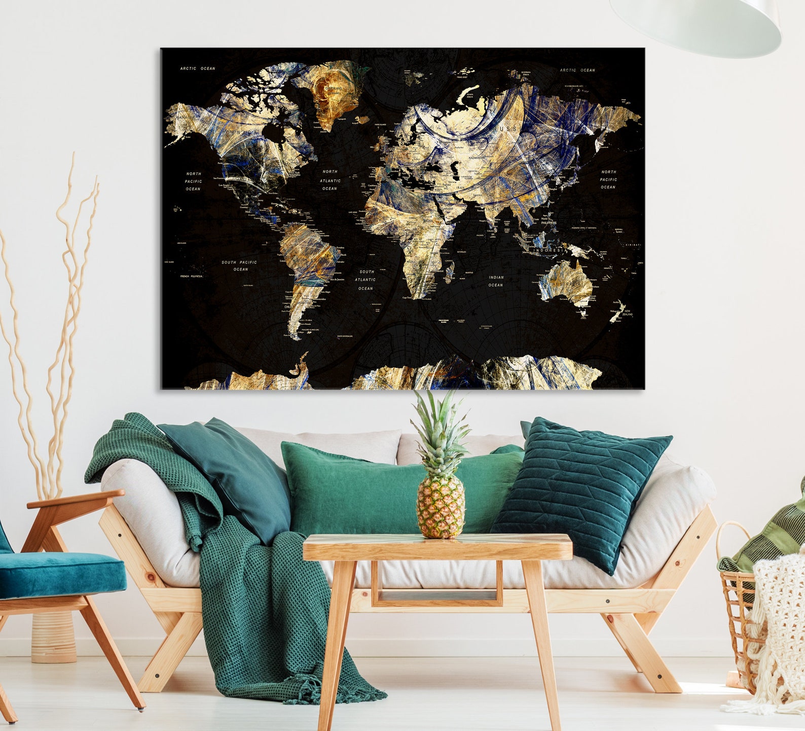 Extra Large 5 Panel Watercolor World Map Canvas Wall Art Push | Etsy