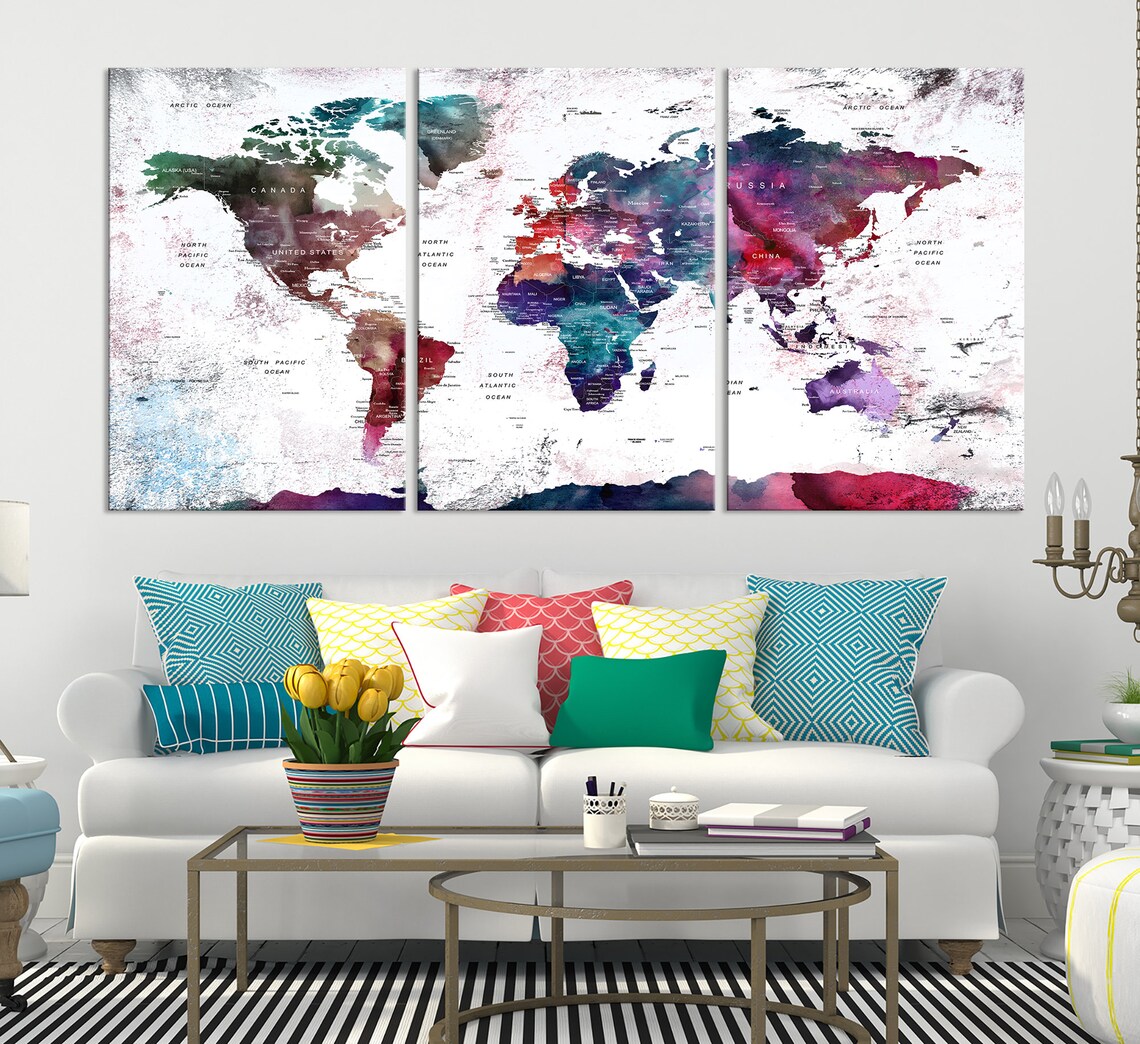 Multi Panel World Map Wall Art Watercolor World Map World | Etsy