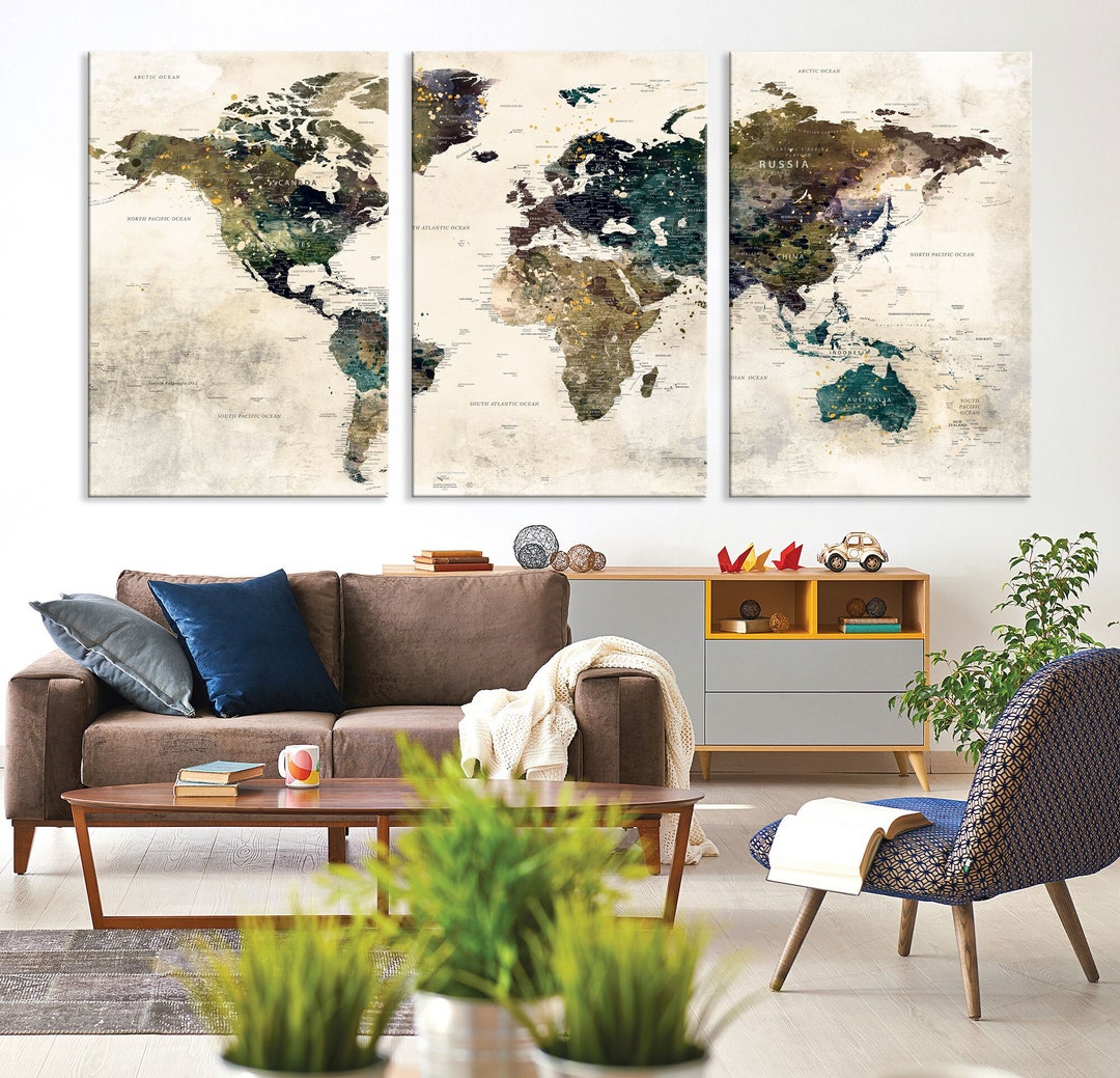 Hand-framed Vintage World Map Wall Art Print, Large World Travel Map ...