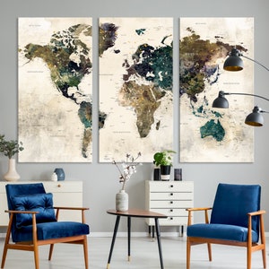 Hand-framed Vintage World Map Wall Art Print, Large World Travel Map ...