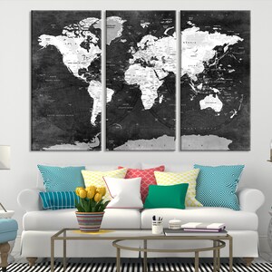 Black and White Watercolor World Map Push Pin World Map Multi Panel Map ...