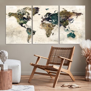 Hand-framed Vintage World Map Wall Art Print, Large World Travel Map ...