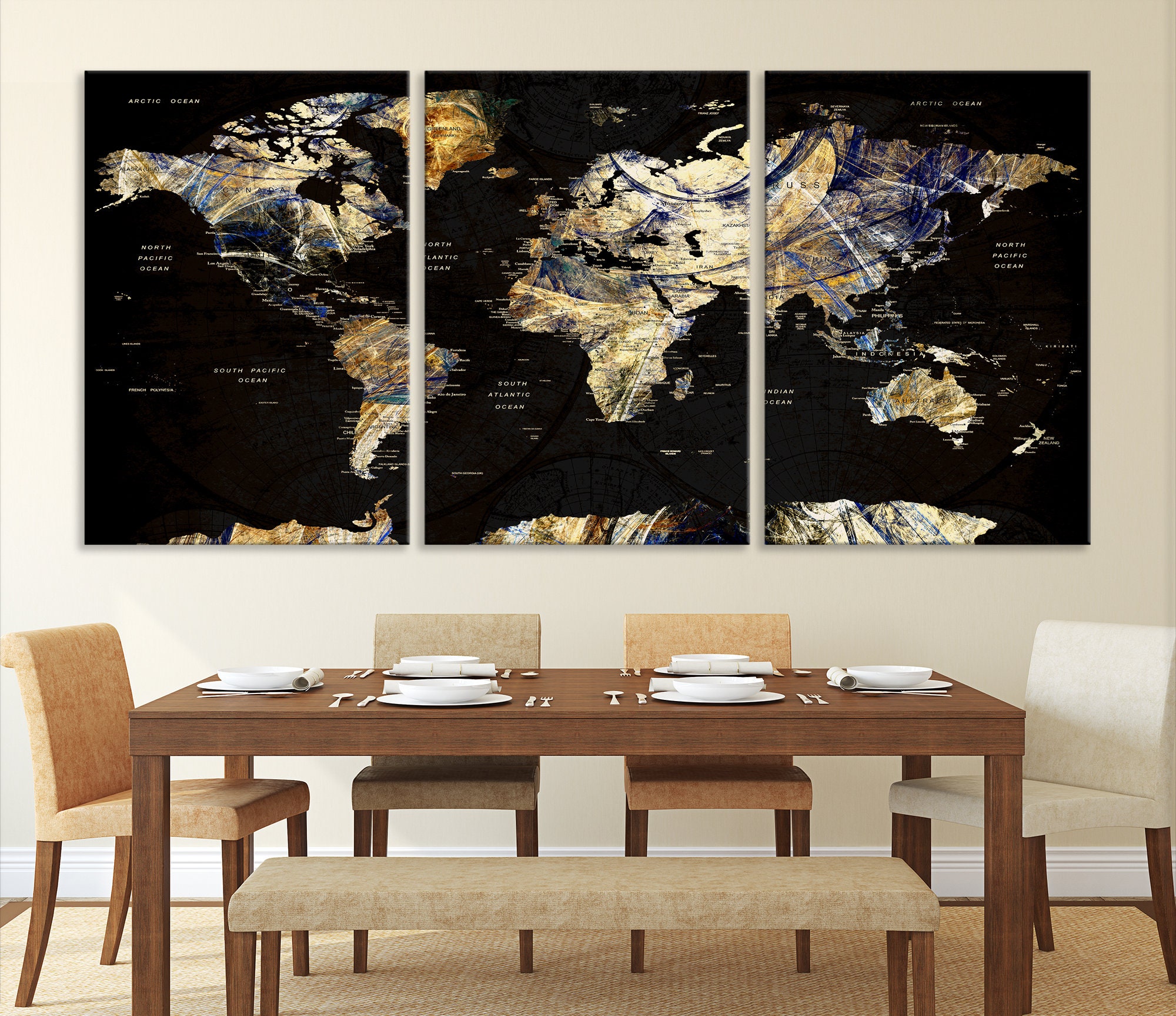 Extra Large 5 Panel Watercolor World Map Canvas Wall Art Push | Etsy