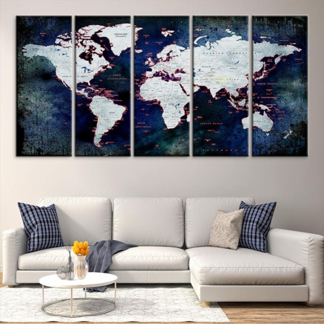 Extra Large 5 Panels Watercolor Push Pin World Map Wall Art, White Push ...