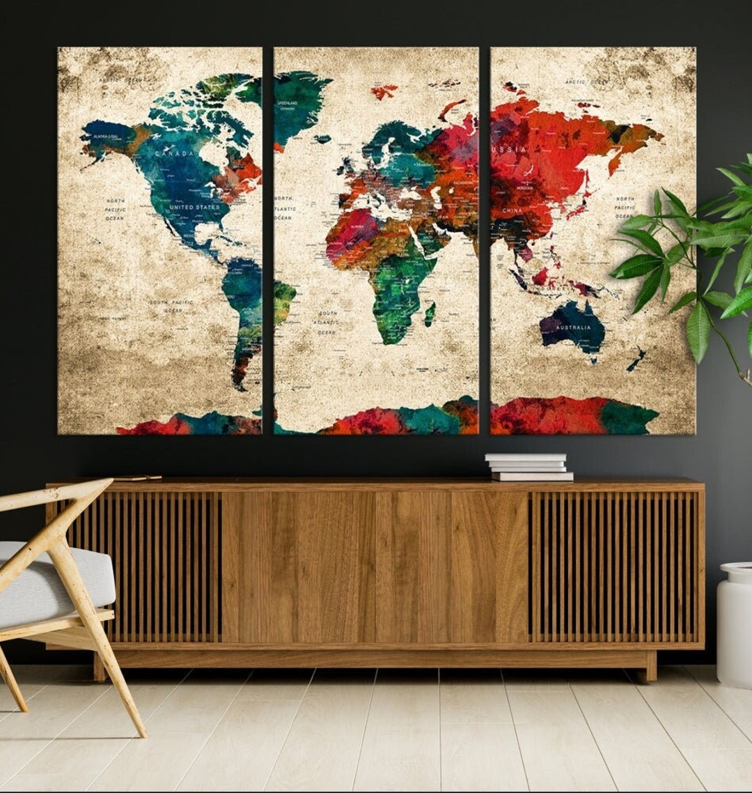 Modern World Map Wall Art, Detailed Map With Country Names, Custom ...
