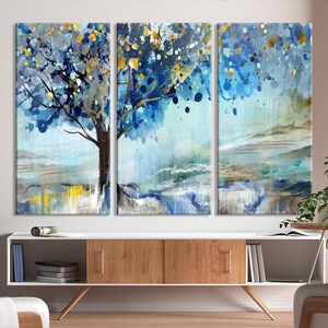 Abstract Blue Tree Painting Wall Art Canvas Print Framed Set of 3 Wall ...