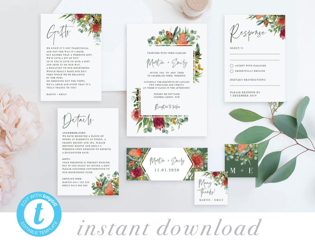Australian Natives Wedding Invitation Suite Bundle, Protea Banksia ...