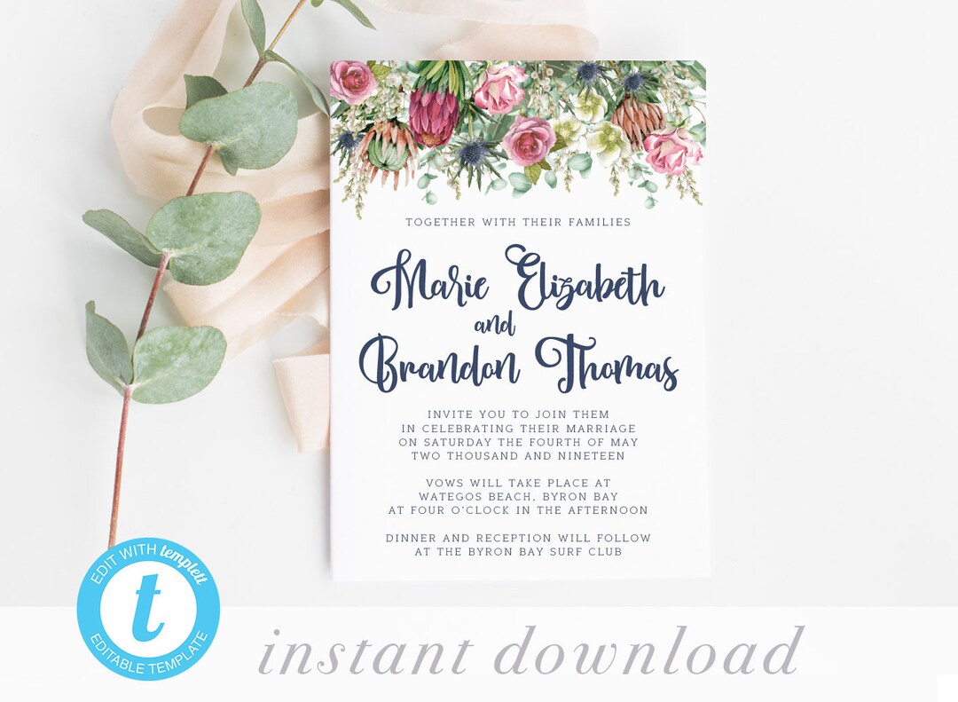 Protea Wedding Invitation Template, Rustic Editable Invites, Printable ...