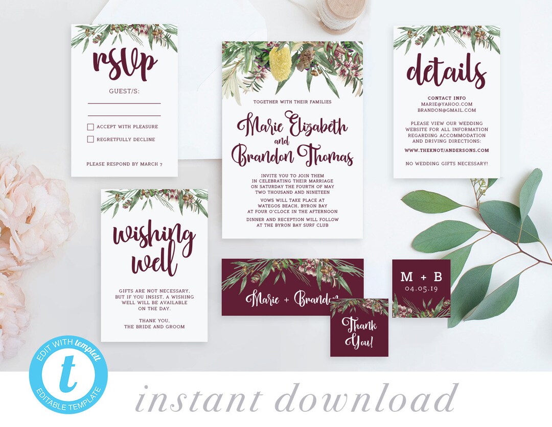 Cheap Printable Wedding Invitation Package, Invite Suite With RSVP ...