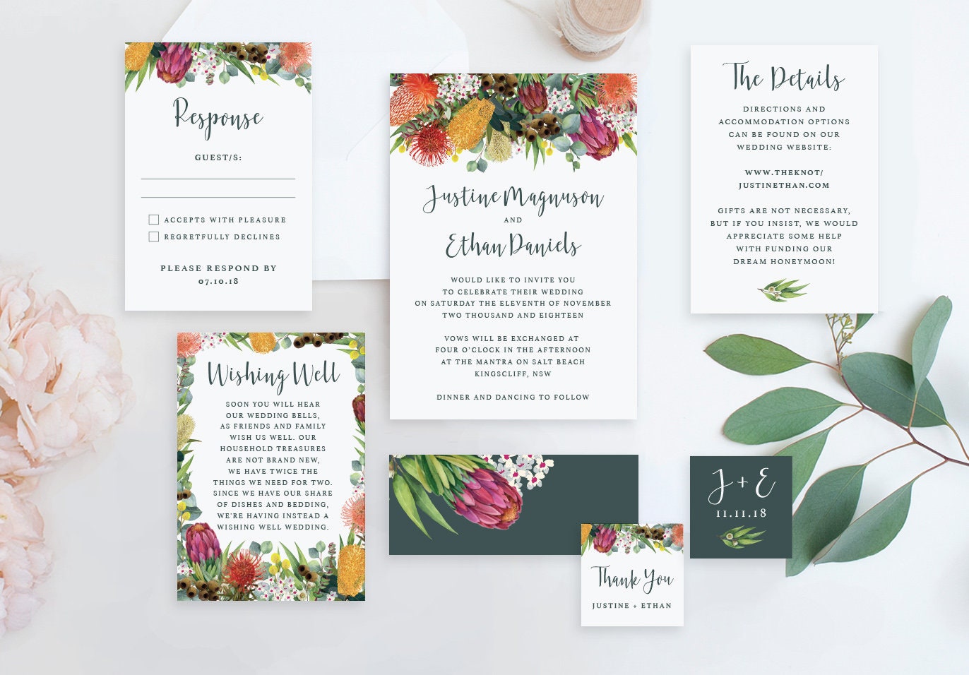 Australian Invitation Wedding Suite Template, Protea and Eucalyptus ...