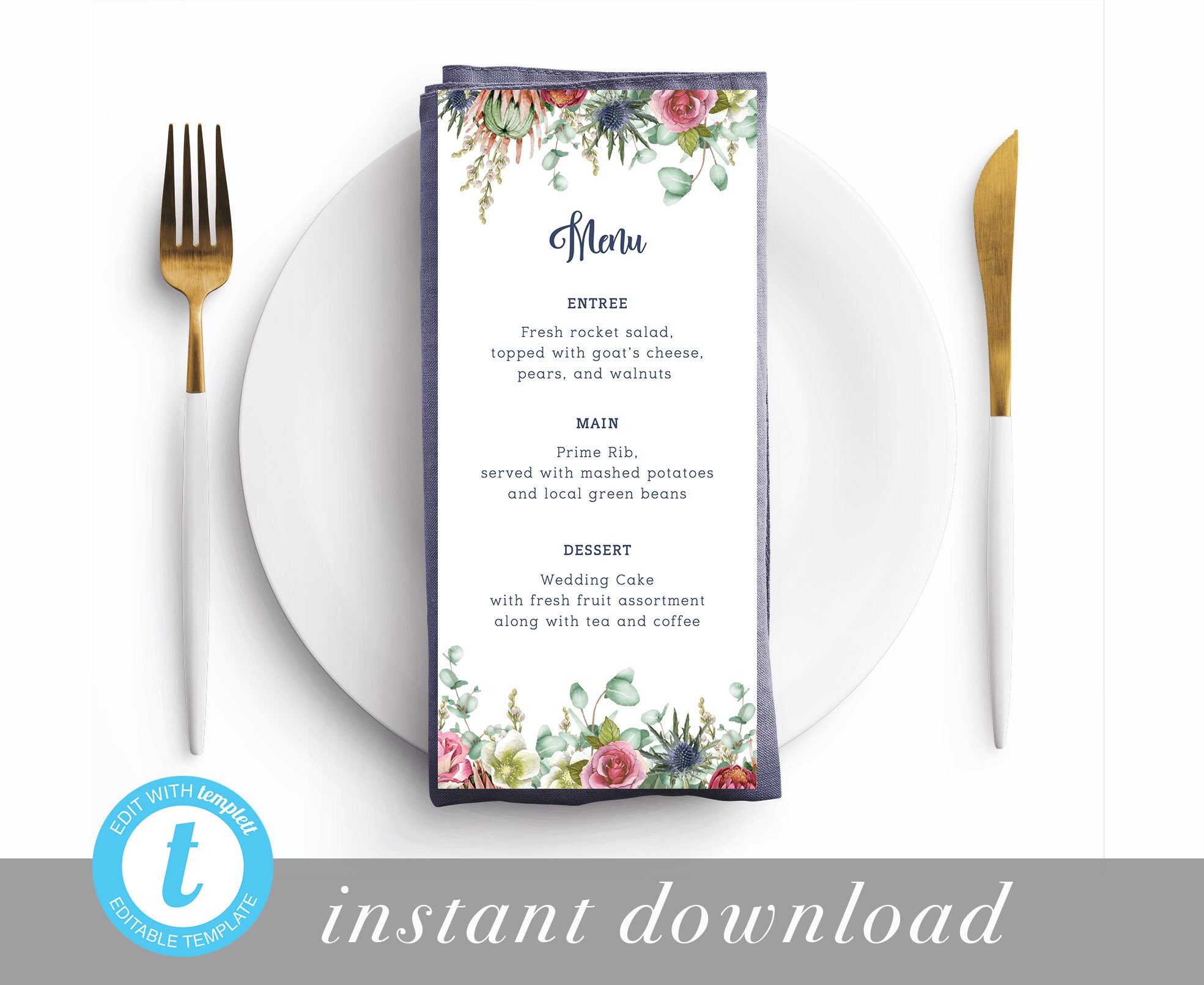 Protea Editable Wedding Menu Template, Reception Printable Dinner Menu ...