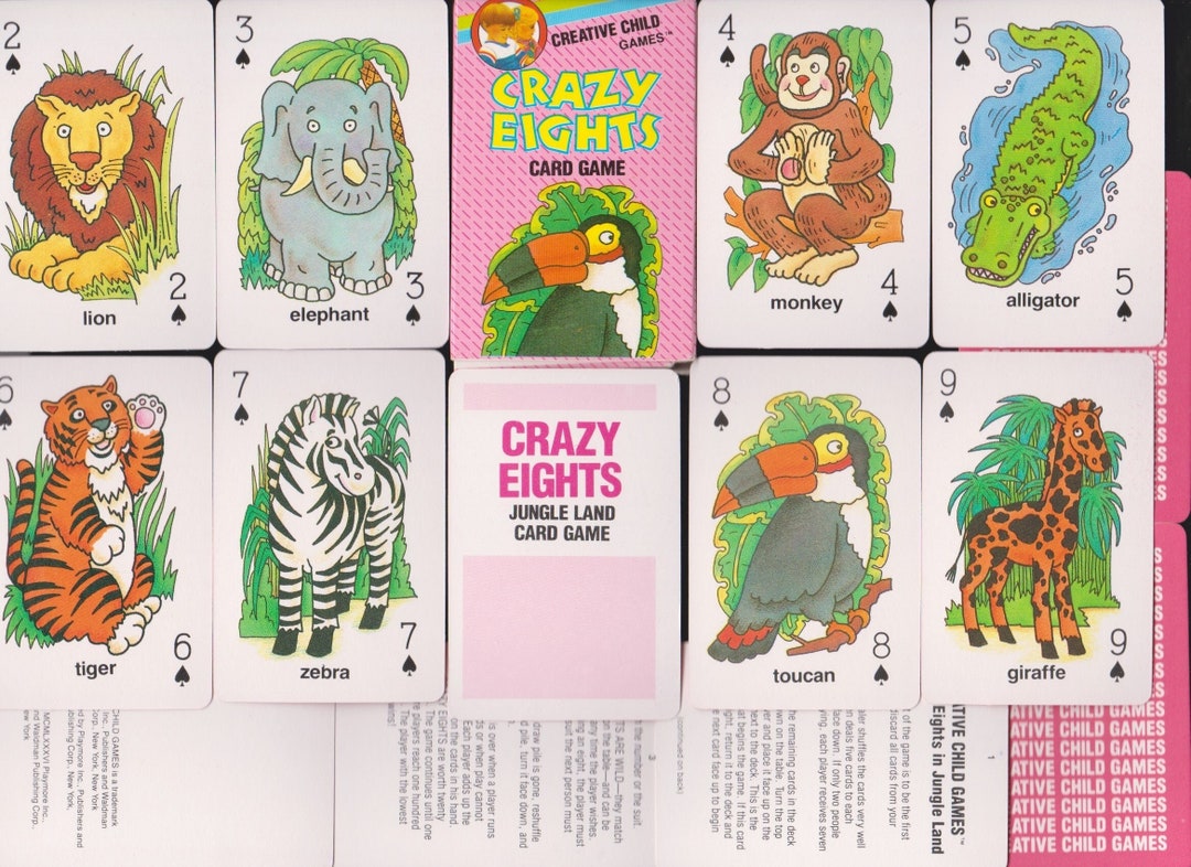 Vintage CRAZY Eights 8s JUNGLE LAND Card Game Complete Animals,bird Lion,elephant,monkey ...