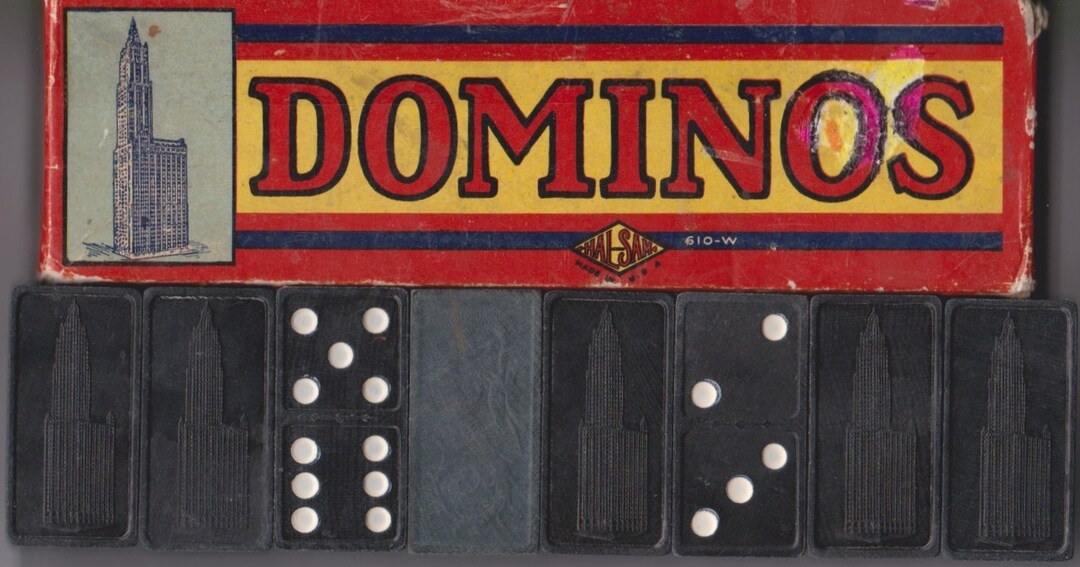 Vintage HALSAM Wooden Dominos Set/28 SKYSCRAPER BUILDINGS Backs All but ...