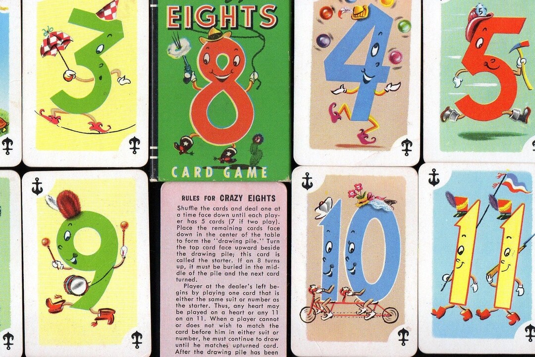 Vintage MINI CRAZY EIGHTS Card Game Cute Anthropomorphic Numbers Skate,fishing,fireman,juggle ...