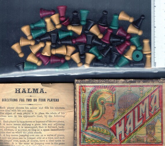 Vintage HALMA Wooden GAME PIECES In Antique Box w Old Paper | Etsy