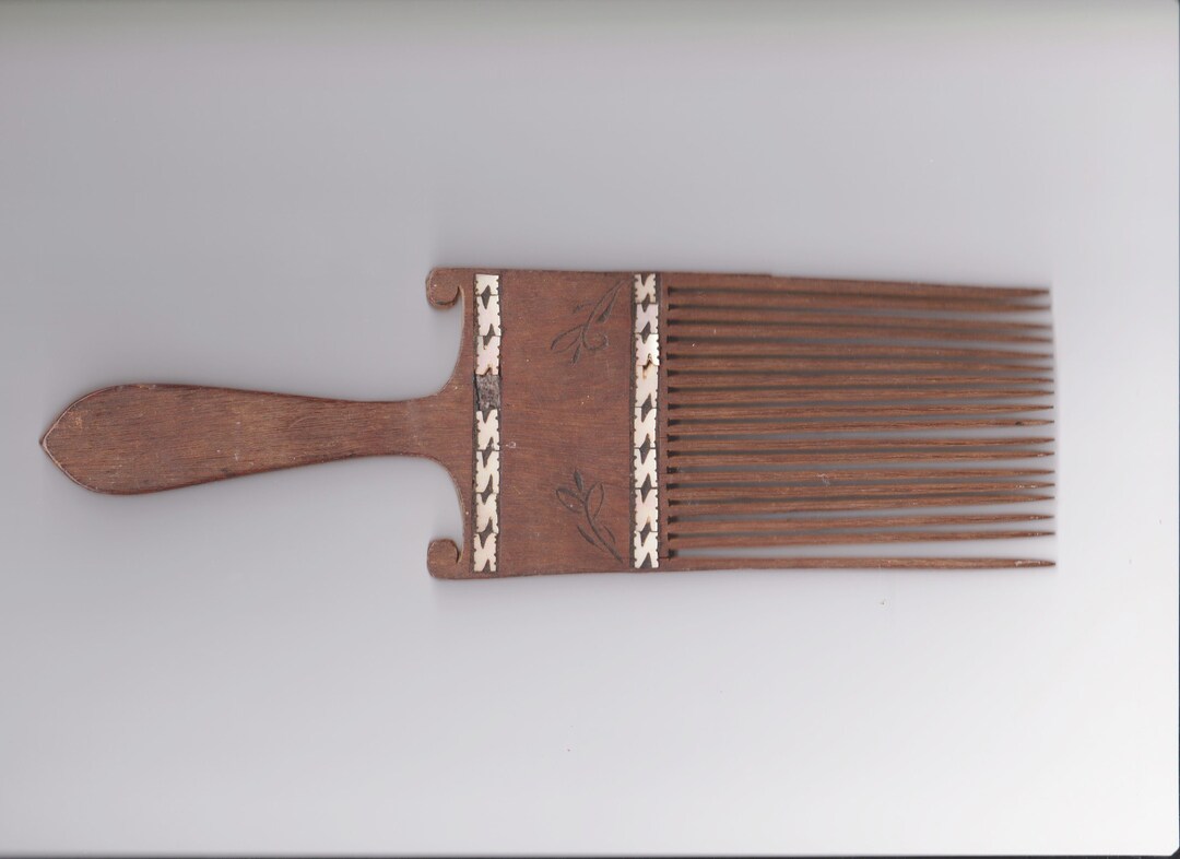 Antique Hand CARVED Wooden COMB or PICK Mother of Pearl/abalone Shell ...