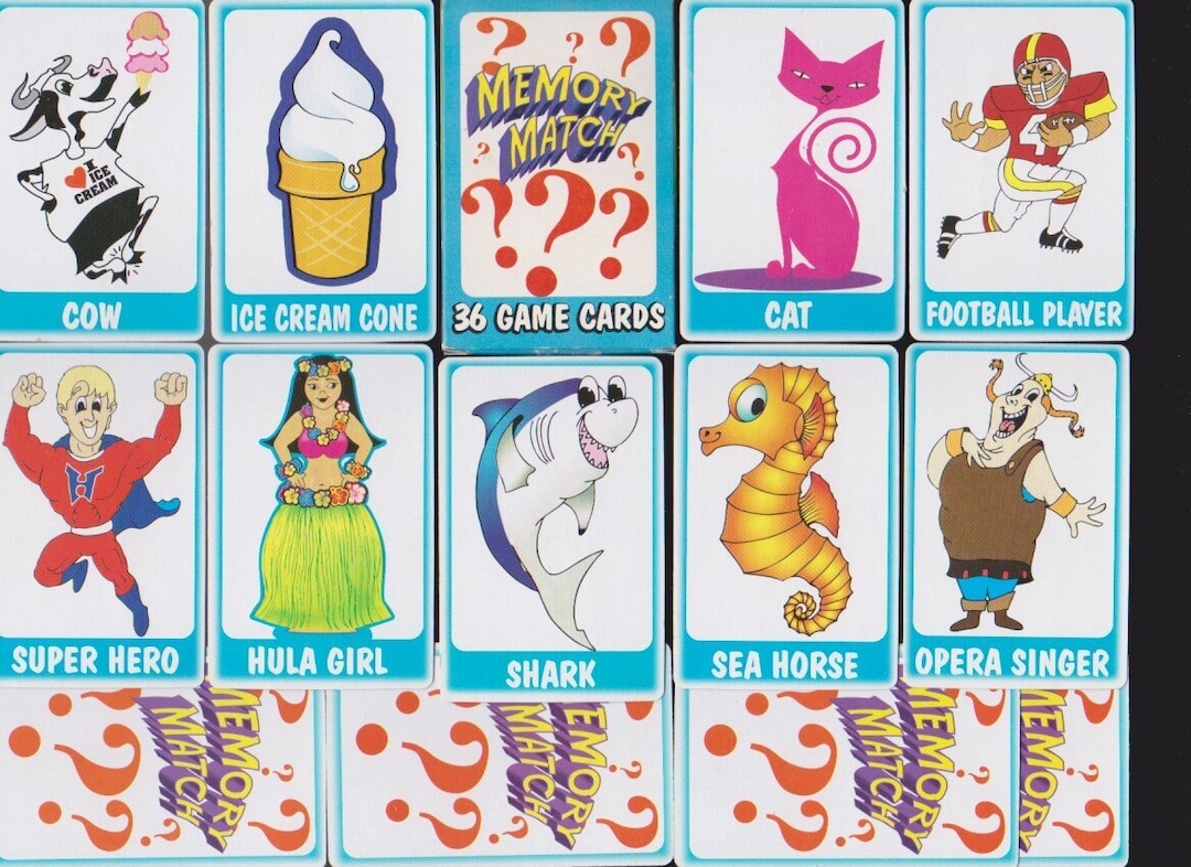 Vintage MEMORY MATCH Card Game COMPLETE Pink Cat,hula Girl,shark,cowboy ...