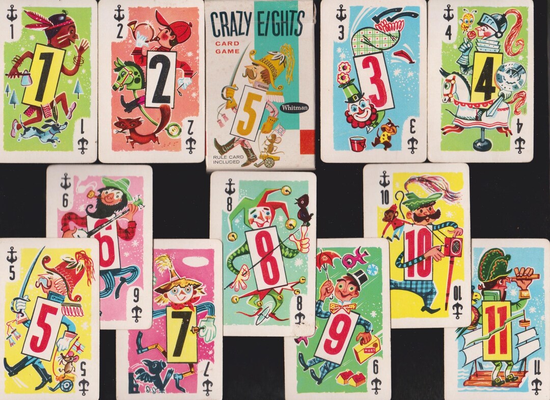 Vintage CRAZY EIGHTS 8s Card GAME Numbers,indian,toy Horse Rider,clown,knight,admiral,hillbilly ...
