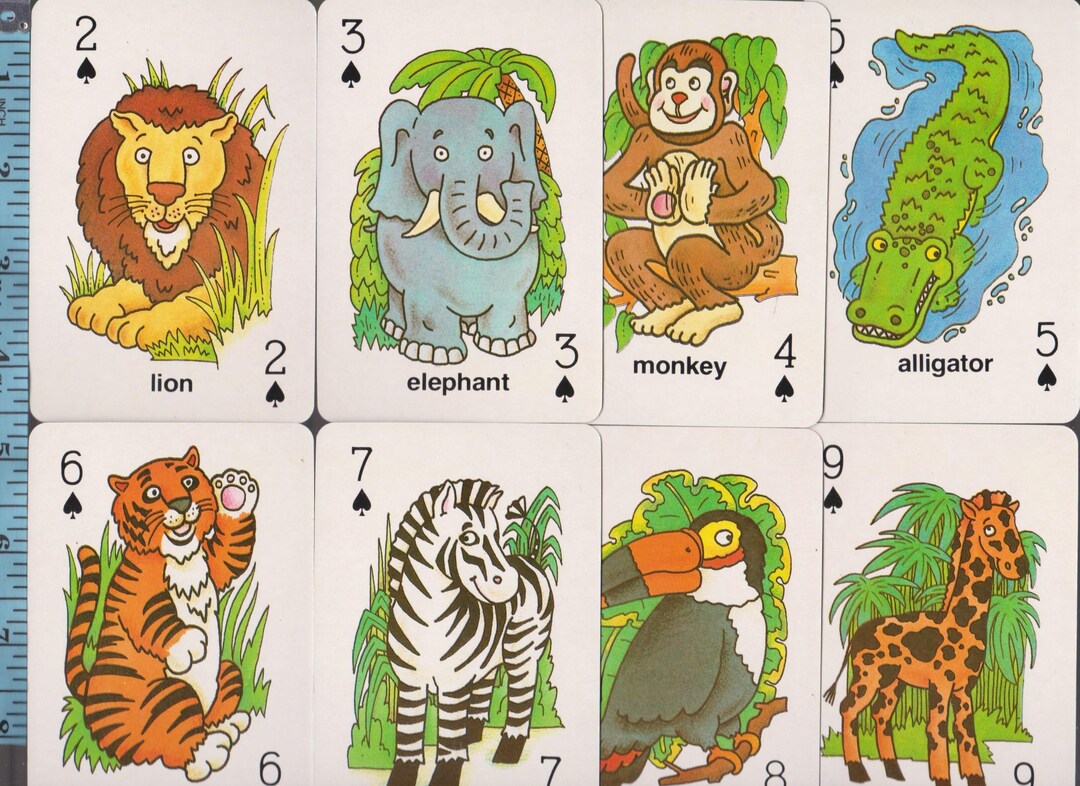 Vintage JUMBO Crazy Eights 8s JUNGLE LAND Card Game Animals,bird Lion,elephant,monkey,alligator ...