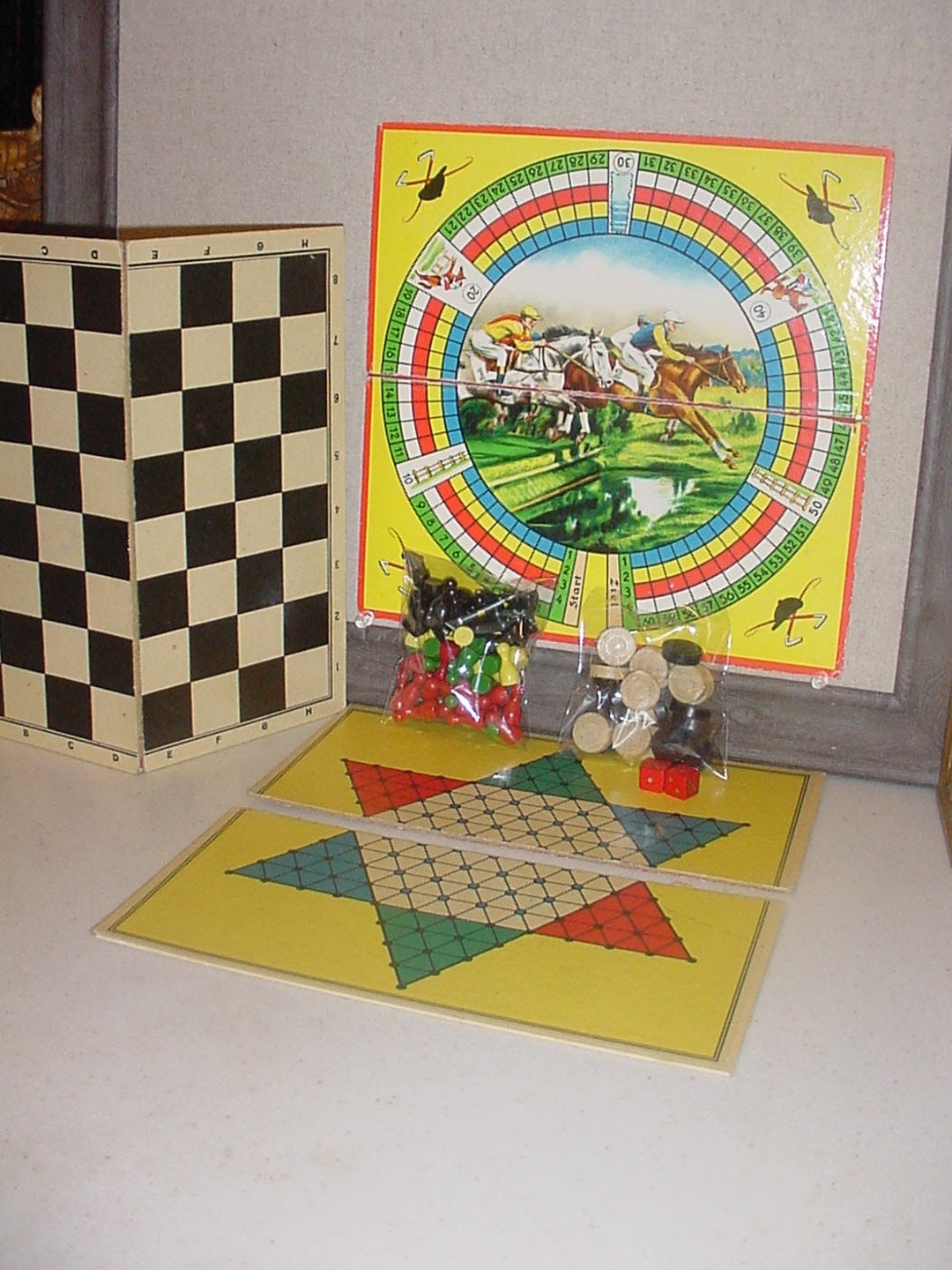 Vintage Double Sided GAME BOARD SET Checkerboard,colored Wooden Pieces ...