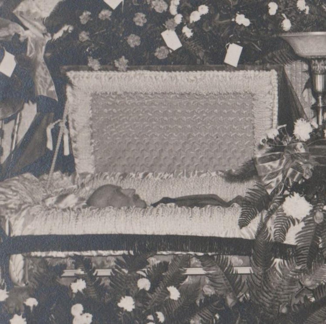 Vintage POST MORTEM Photograph Dead Man in Satin Lined CASKET Coffin W ...