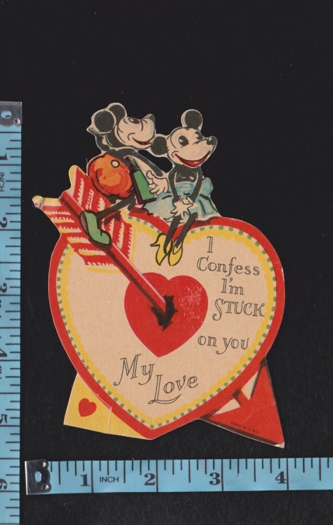 Vintage Disney Valentine Card Early MICKEY & MINNIE MOUSE Sit on Heart ...