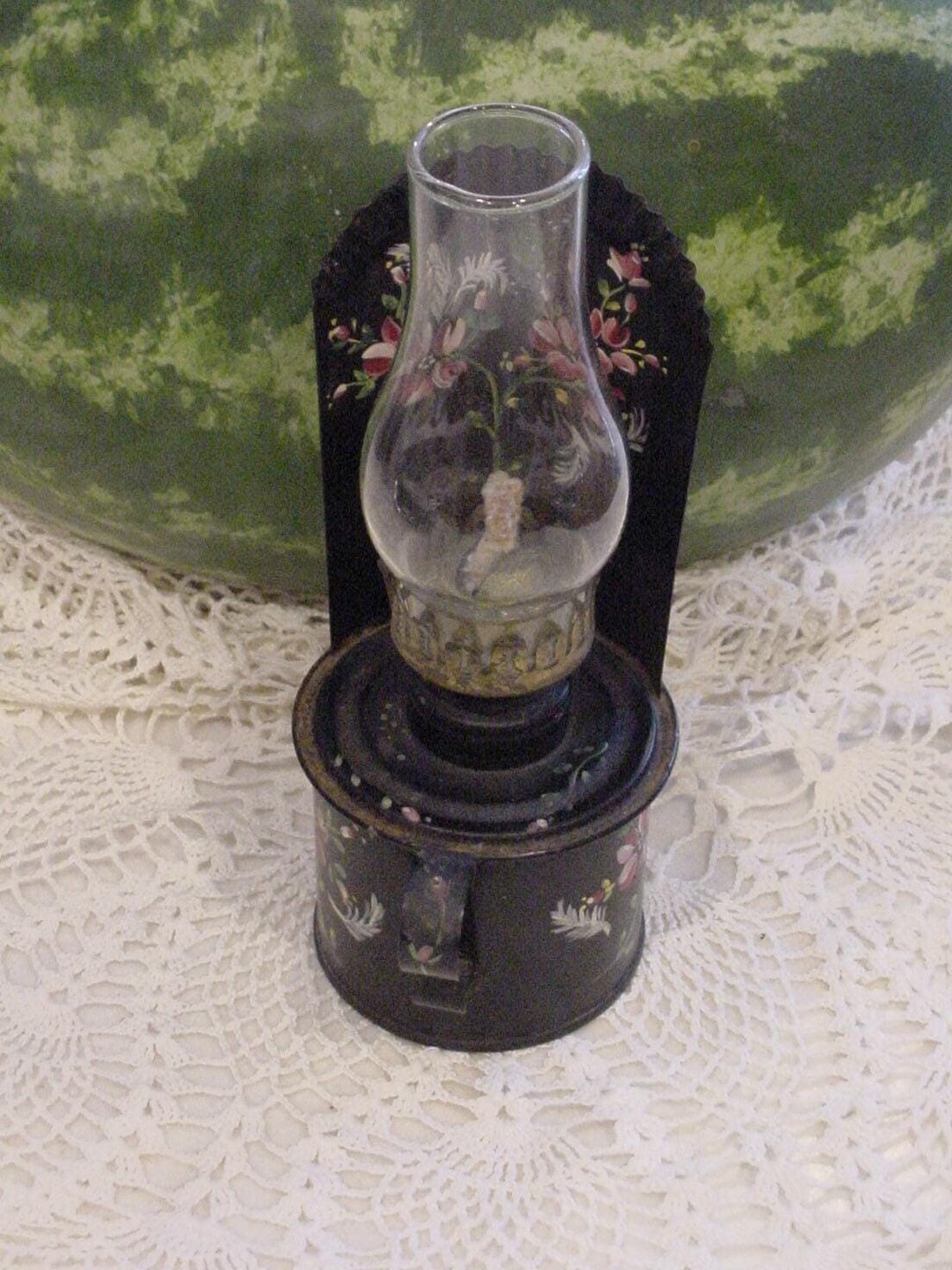 Vintage TOLEWARE Primitive OIL LAMP Black Metal W Hand Painted Pink ...