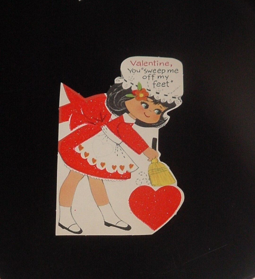 Vintage VALENTINE Card Cute Girl MAID Housekeeper With Broom You SWEEP ...