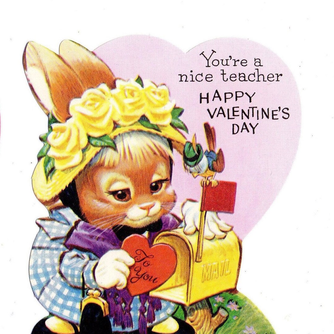 Vintage Nice TEACHER Valentine Card Anthropomorphic BUNNY RABBIT ...