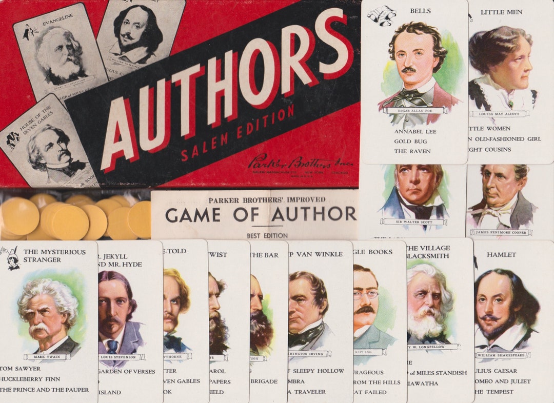 Vintage AUTHORS GAME 1 CARD W Flaw Poe,twain,dickens,alcott,stevenson ...