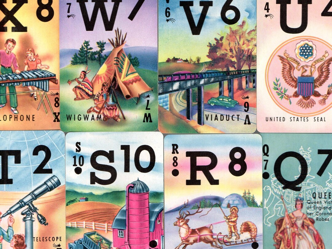 Vintage Card Game LETTERS AND NUMBERS Retro Graphic Reindeer,flamingo ...