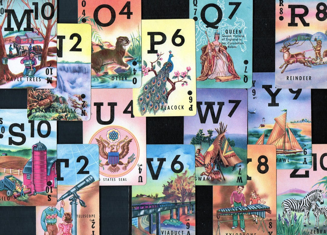 Vintage Card Game LETTERS AND NUMBERS Retro Graphic Reindeer,flamingo ...