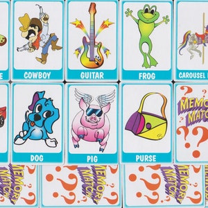 Vintage MEMORY MATCH Card Game COMPLETE Pink Cat,hula Girl,shark,cowboy ...