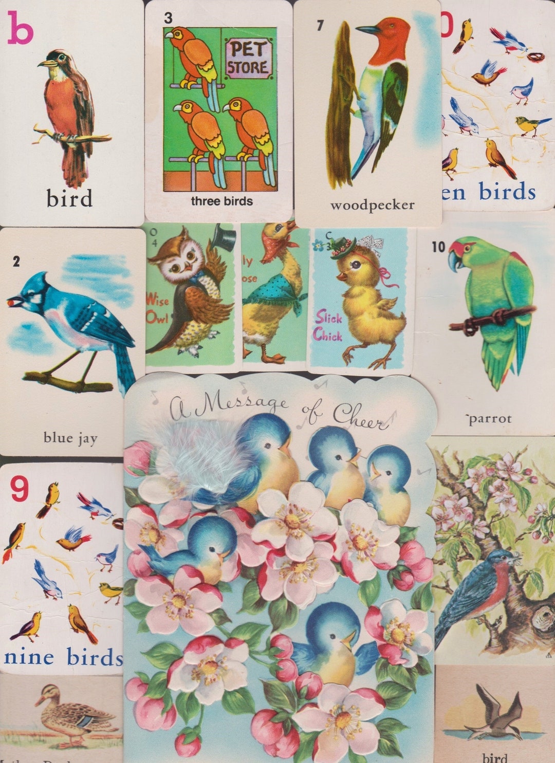 Vintage BIRDS Ephemera Lot/44 Book Illustrations,greeting,playing,game ...