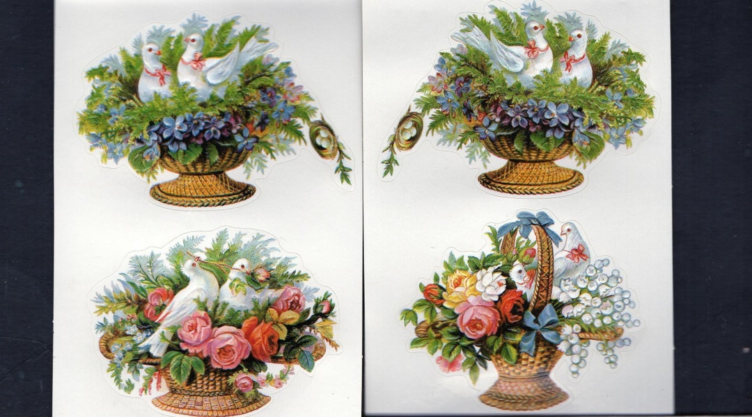 Vintage Sticker Set/4 Victorian FLOWER BASKETS W Doves,roses Diecut ...