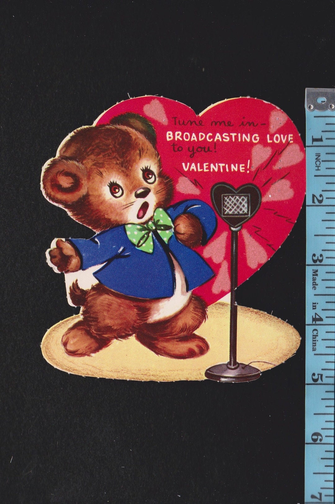 Vintage Valentine Card Anthropomorphic Bear RADIO Announcer W Heart ...