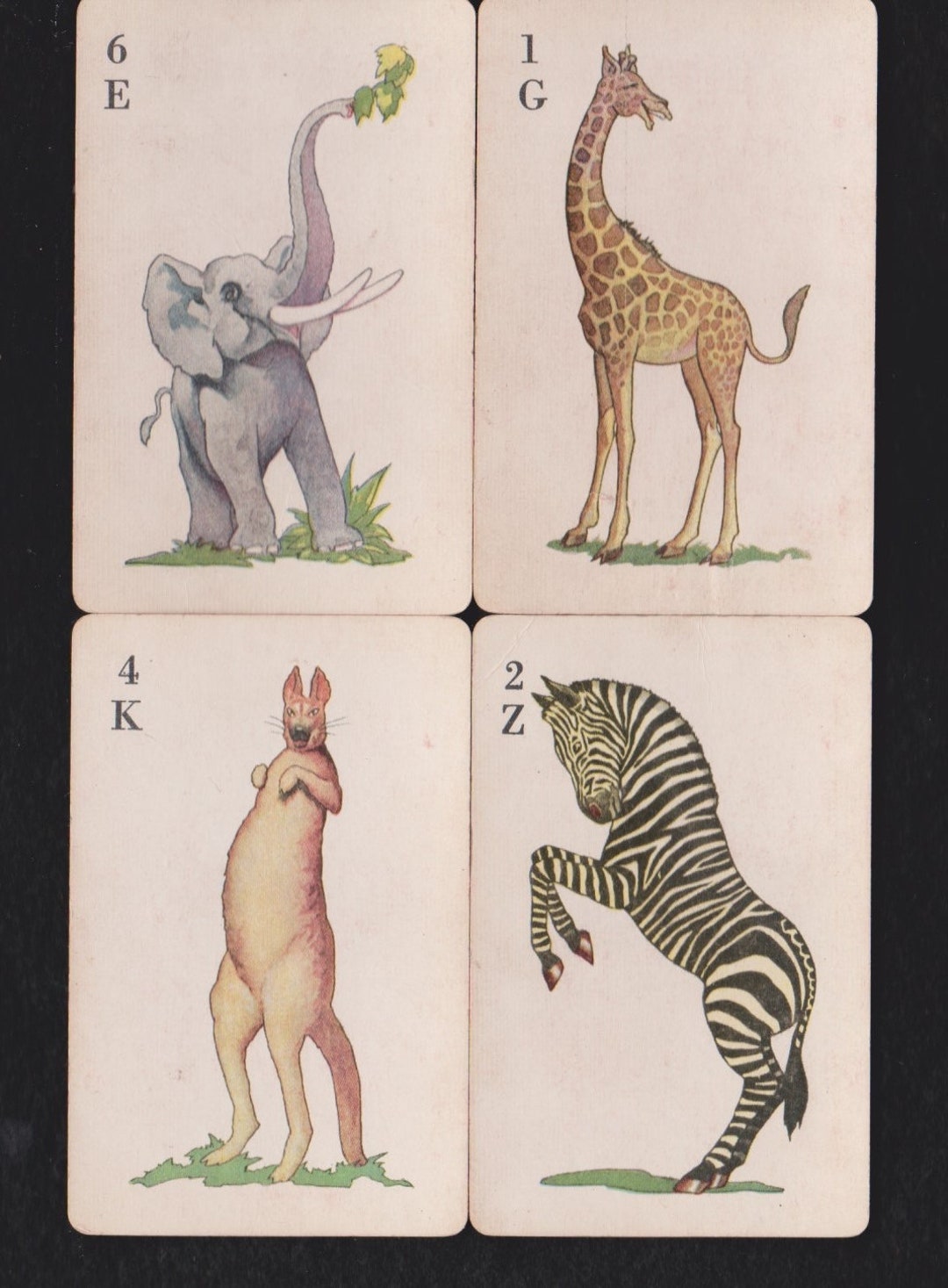 Vintage ANIMAL RUMMY Game CARDS Lot of 4 Giraffe,elephant,kangaroo ...