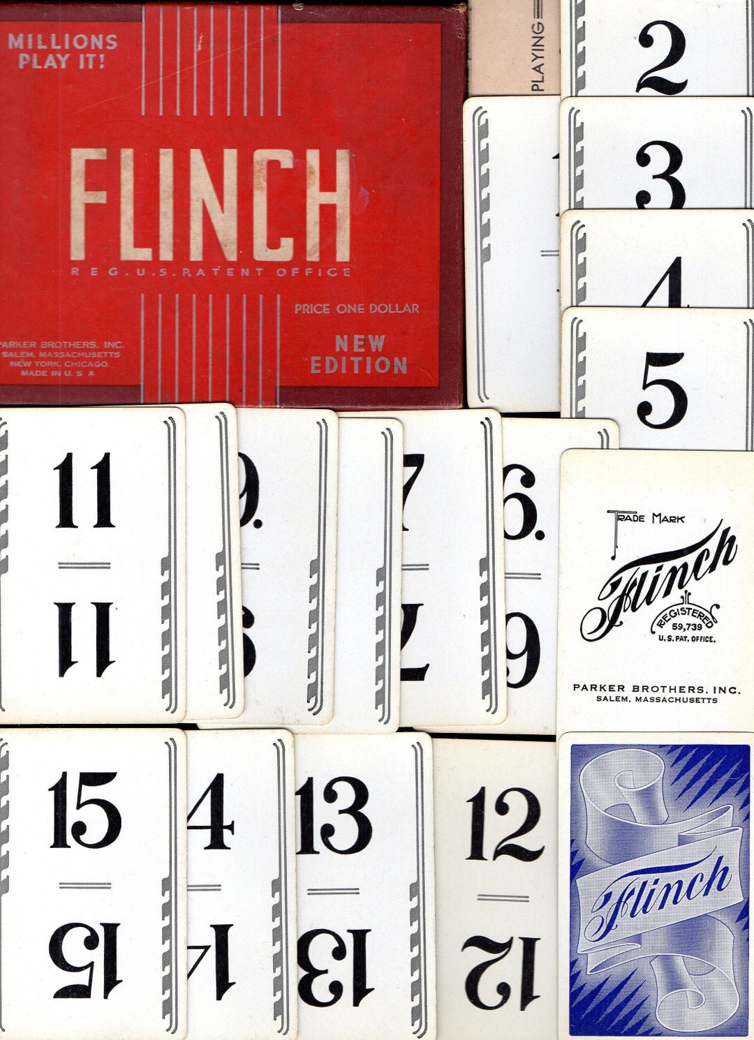 Vintage FLINCH Game in Art Deco Box Complete 150 NUMBER CARDS 1-15 ...