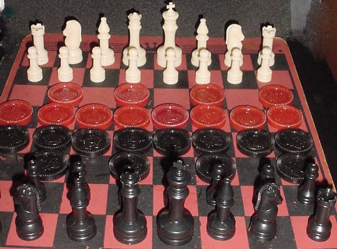 Vintage CHECKERS & CHESS PIECES Set White,black,red Plastic Game Play ...