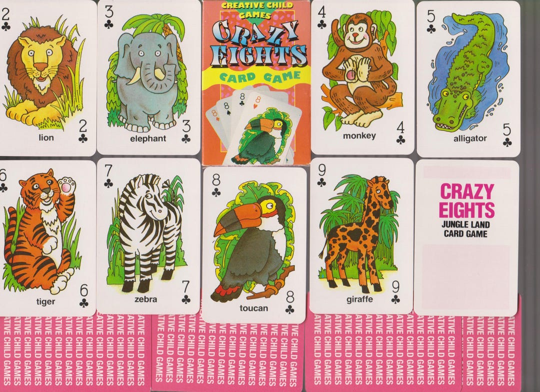 Vintage CRAZY Eights 8s JUNGLE LAND Card Game Complete Animals,bird ...