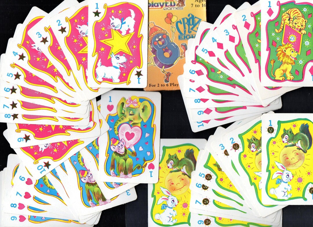 Vintage CRAZY EIGHTS Card Game Complete Cute ANIMAL Illustration ...