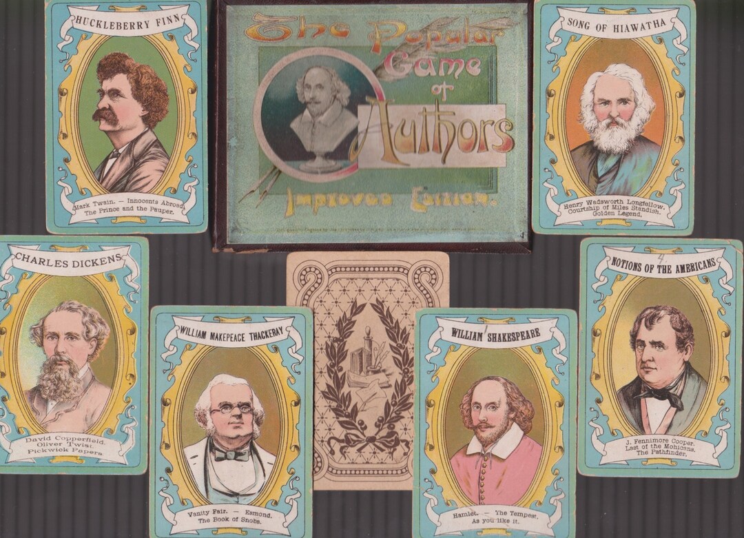 Antique POPULAR Game of AUTHORS Some Cards W IMPERFECTIONS Dickens ...