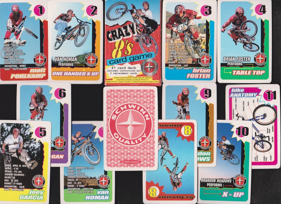 Vintage SCHWINN BMX BIKES Crazy Eights 8s Card Game Like New Famous Racers,riders W Names ...