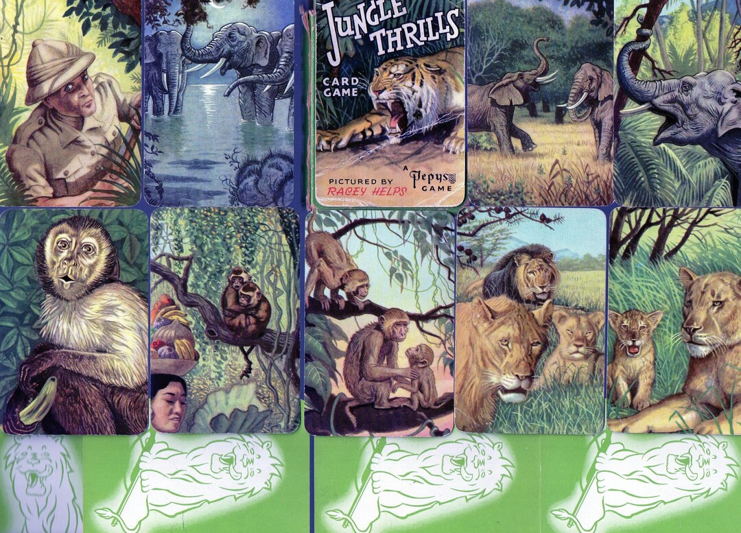 Vintage JUNGLE THRILLS Card Game With Racey Helps Illustrations Safari ...