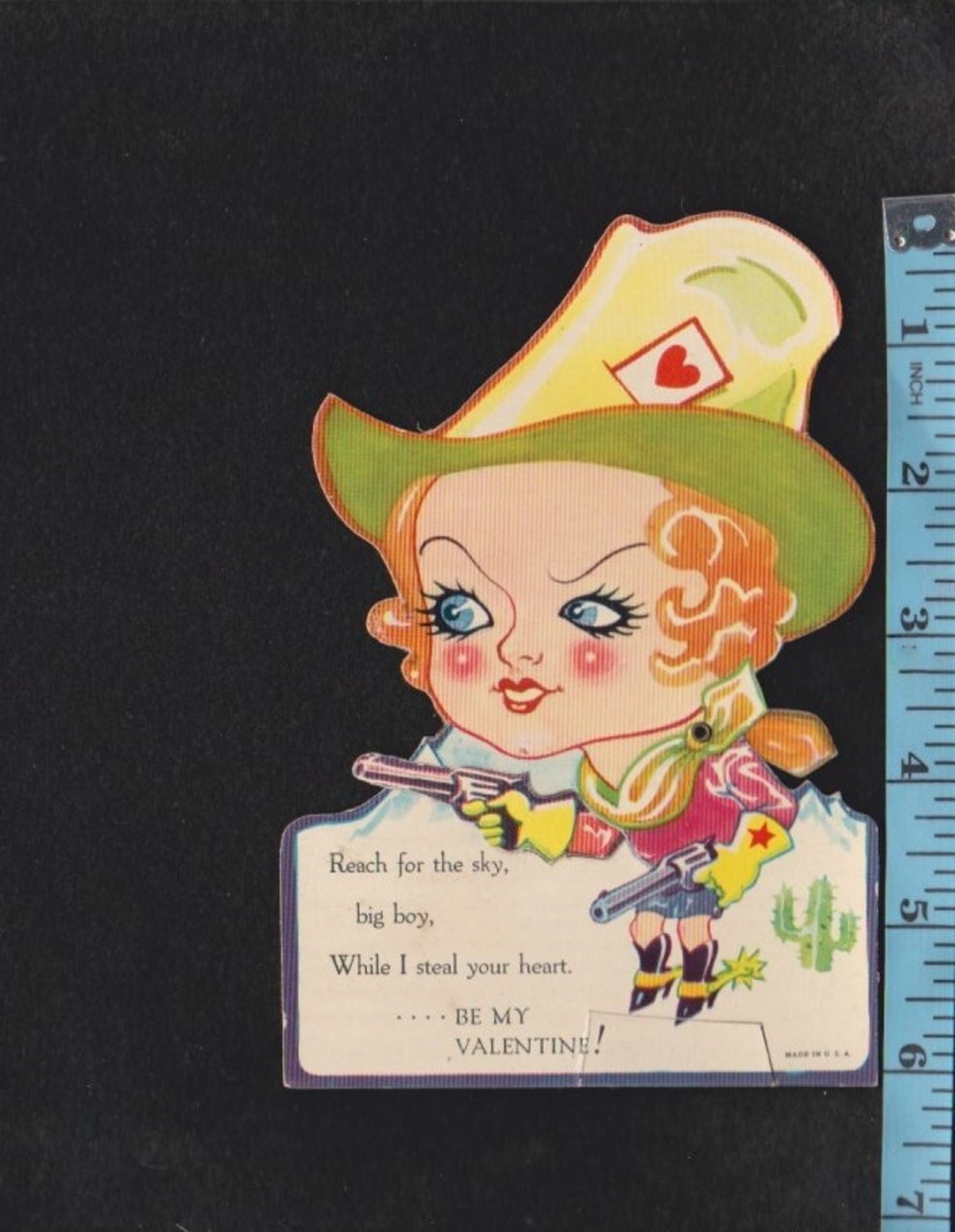 Vintage Mechanical Valentine Card PISTOL PACKING COWGIRL W Gun Reach ...