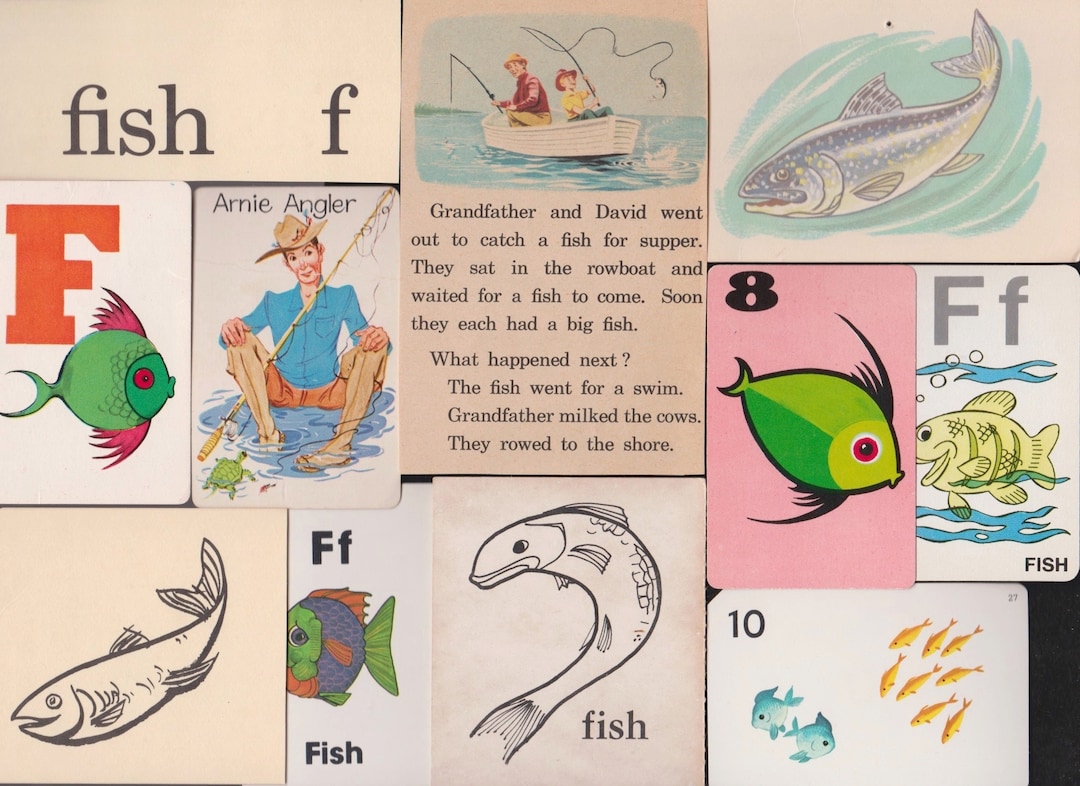 Vintage FISH FISHING Ephemera Lot/30 Game,flash,cards,valentine,book ...