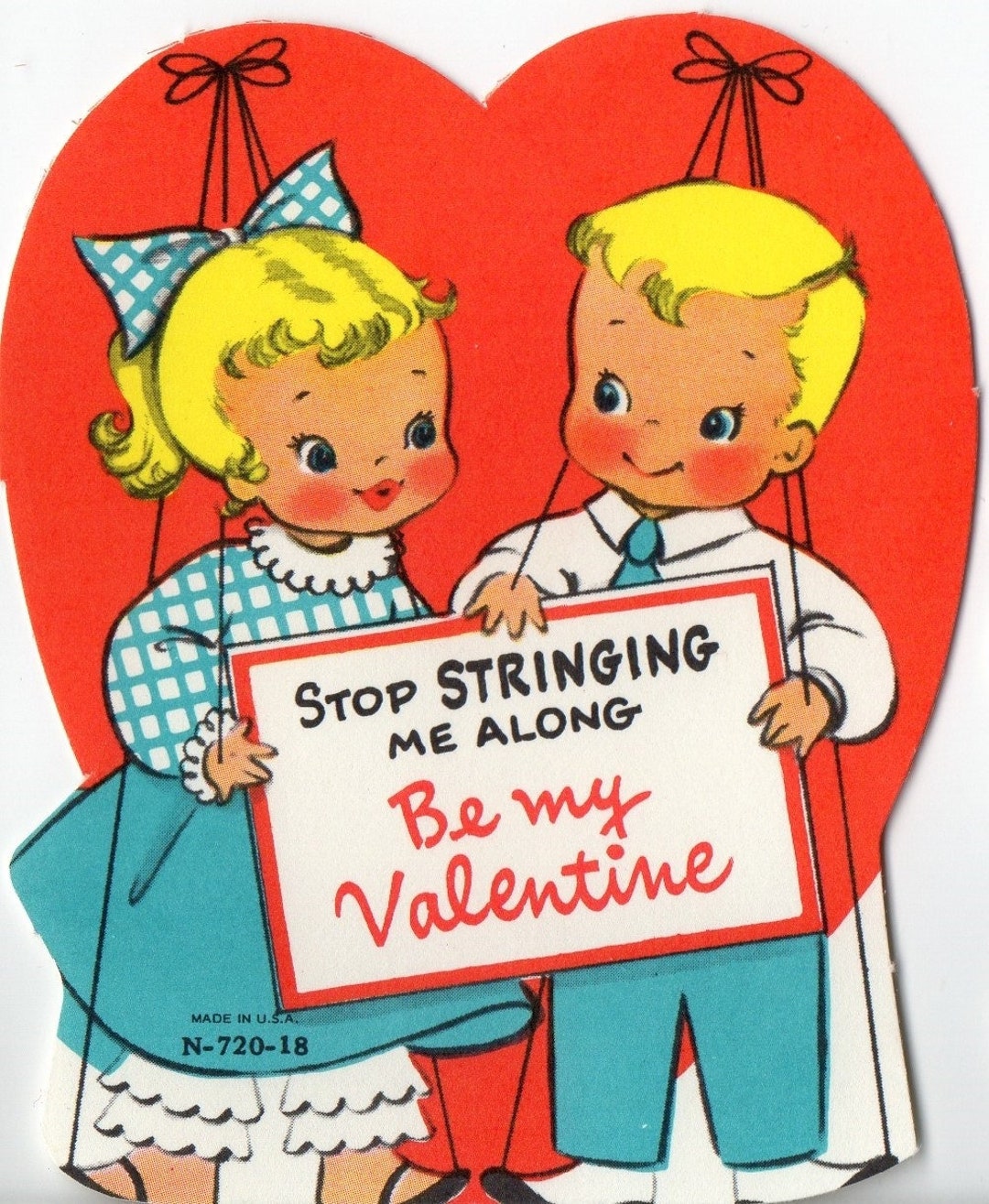Vintage VALENTINE Card Sweet Blonde Boy & Girl MARIONETTE PUPPETS Stop ...