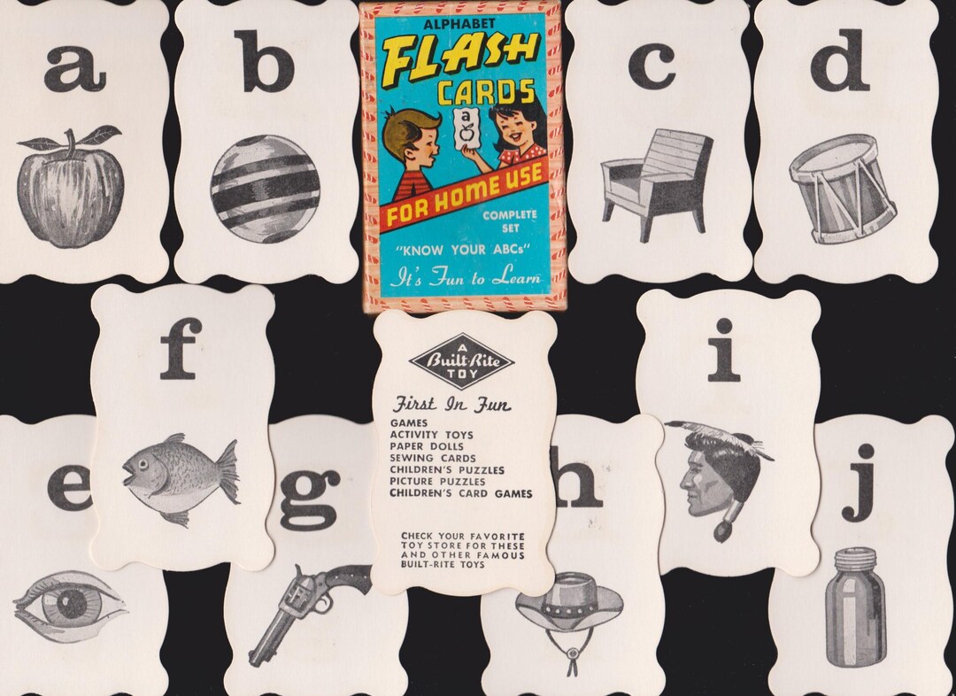 Vintage ALPHABET FLASH CARDS Words,illustrations,lower & Upper Case ...