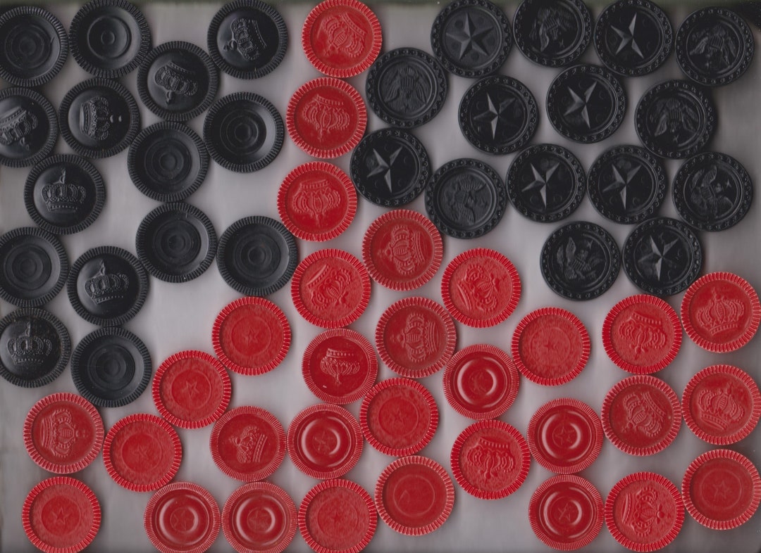 Vintage PLASTIC CHECKERS Lot/178 Red & Black Game Pieces MIXED Embossed ...